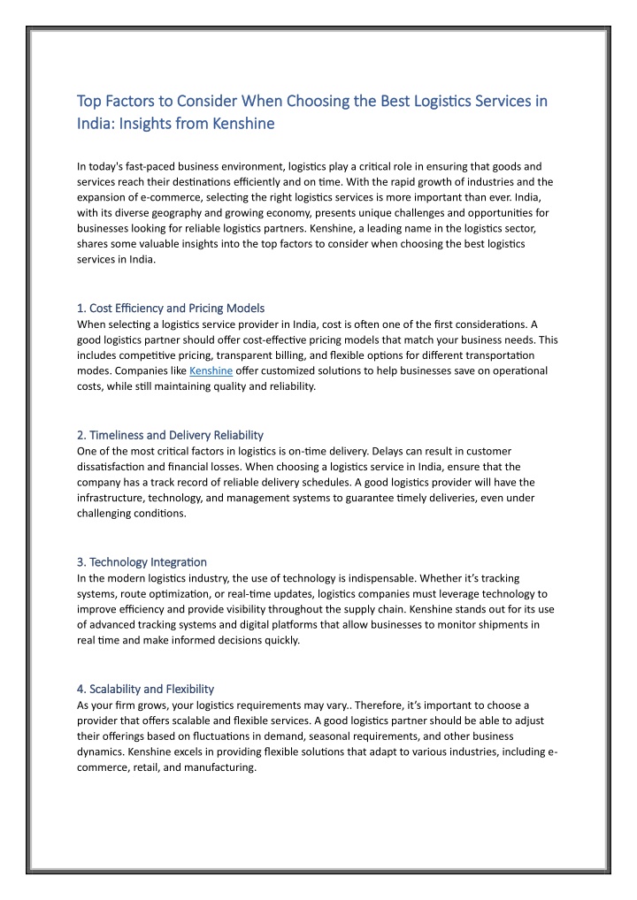 Ppt Top Factors To Consider When Choosing The Best Logistics Services