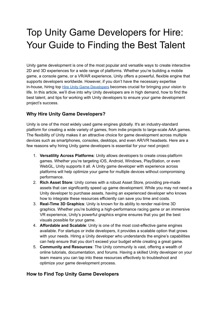 Ppt Top Unity Game Developers For Hire Powerpoint Presentation Free