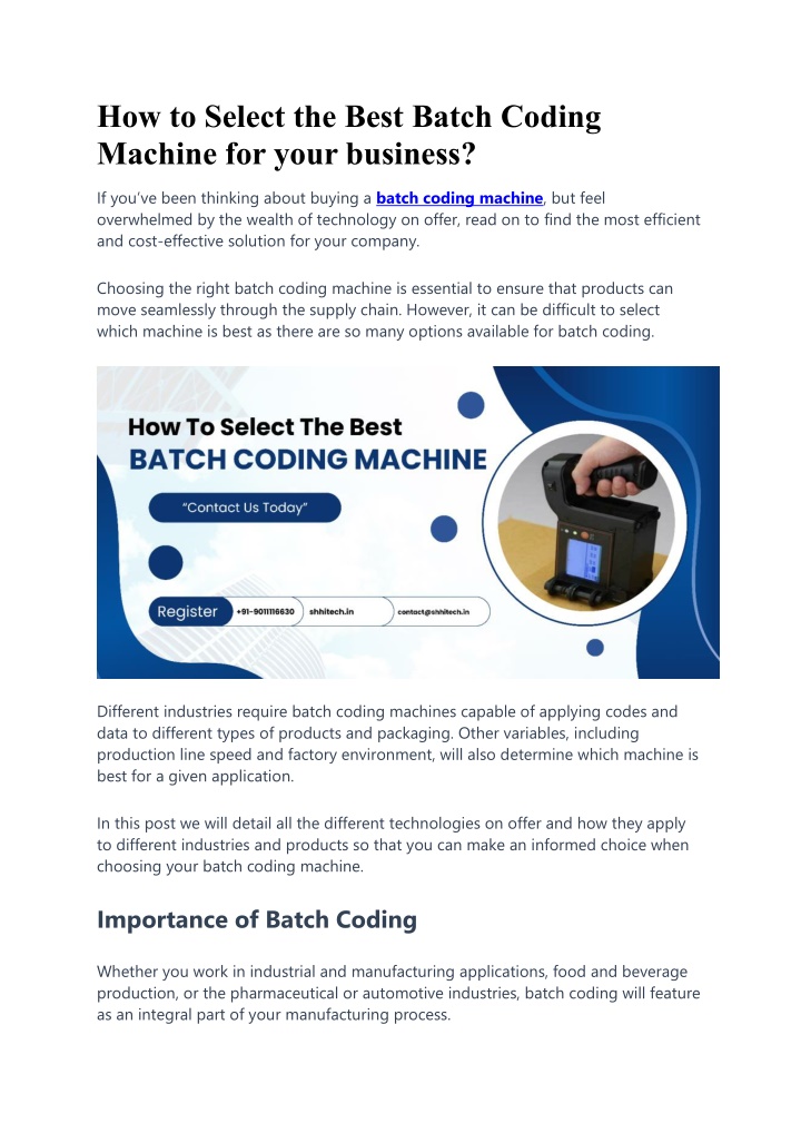 PPT - How to Select the Best Batch Coding Machine | SH Hitech Solutions PowerPoint Presentation ...